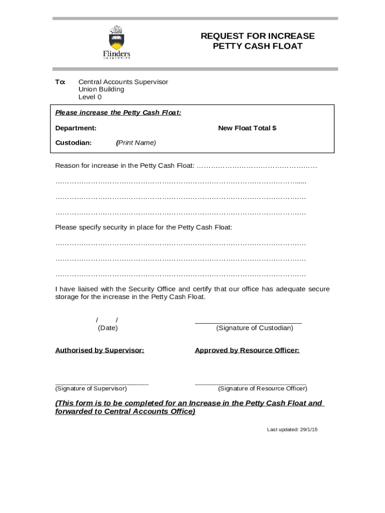Request For Increase Petty Cash Float Doc Template PdfFiller request-for-increase-petty-cash-float-doc-template-pdffiller