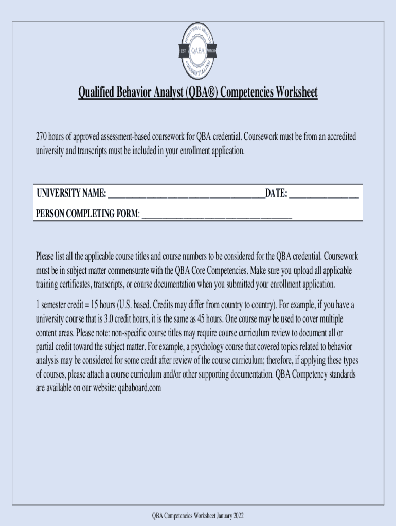 Fillable Online Qualified Behavior Analyst (QBA) Competencies Worksheet Fax Email Print - pdfFiller