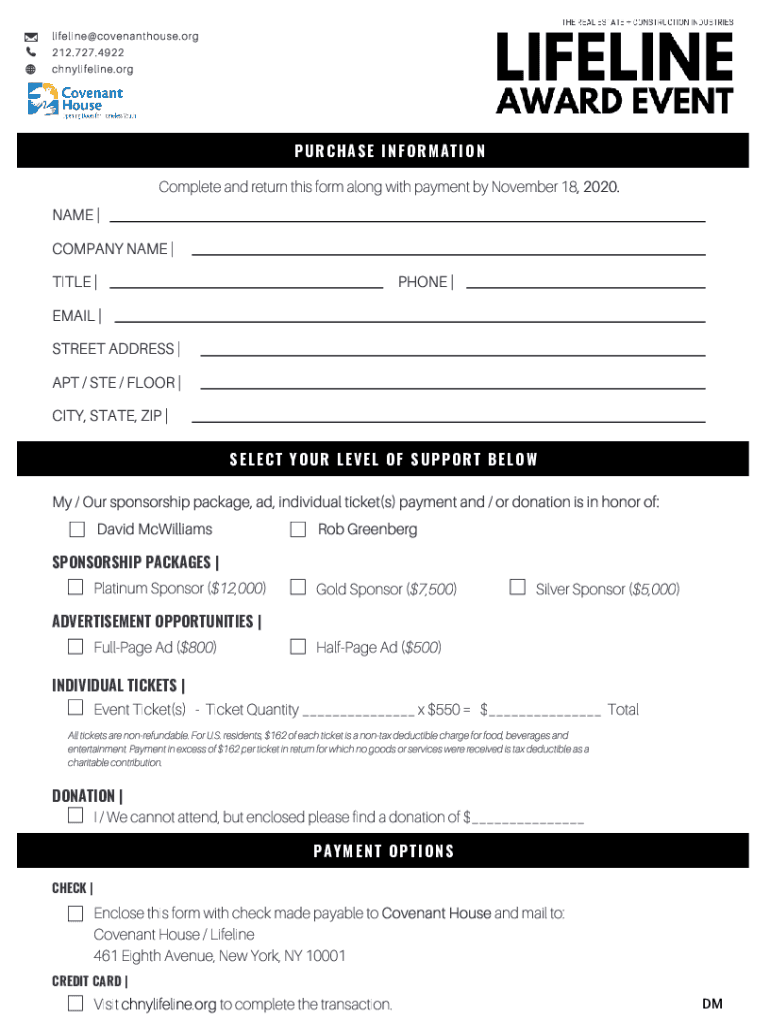 Fillable Online 12.3.2020 Lifeline - Donation Form and Sponsorship One ...