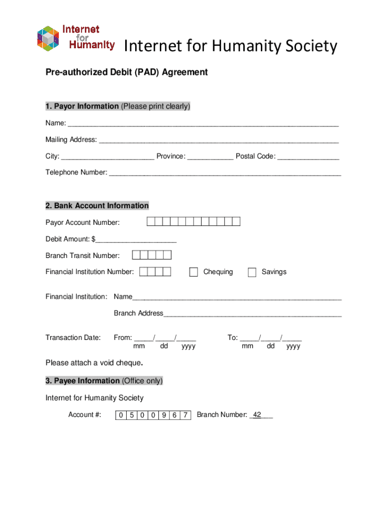 Fillable Online PRE-AUTHORIZED DEBIT (PAD) AGREEMENT 1. Parent/Guardian ...