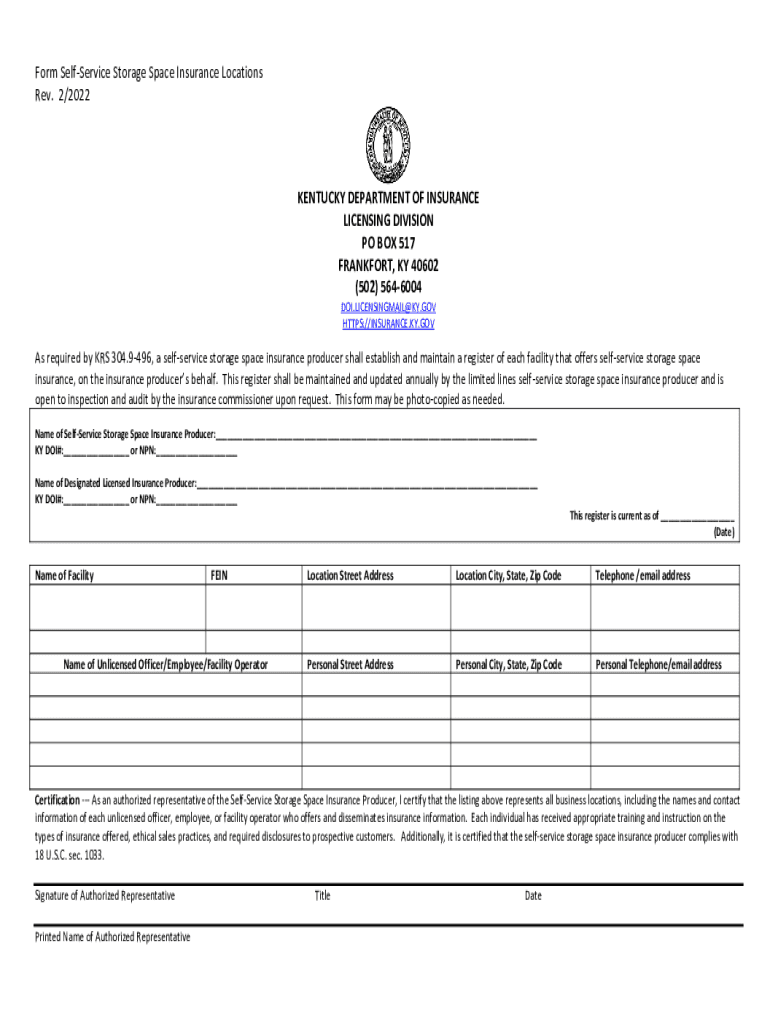 Fillable Online Form Self-Service Storage Space Insurance Locations Rev ...