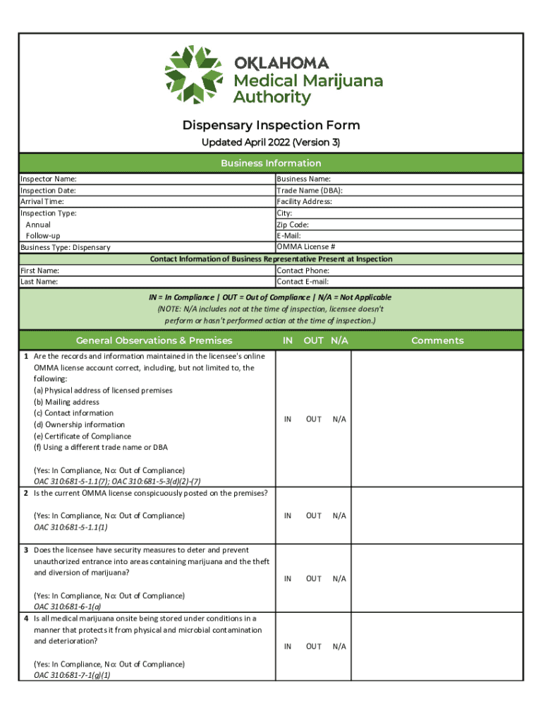 Fillable Online oklahoma.govcontentdamDispensary Inspection Form ...