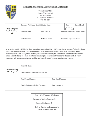Fillable Online Request For Certified Copy Of Death Certificate Old Saybrook CT Fax Email Print ...