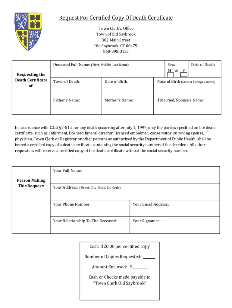 Fillable Online Request For Certified Copy Of Death Certificate Old ...