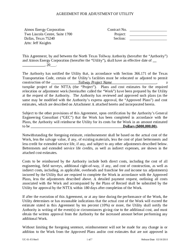 AGREEMENT FOR ADJUSTMENT OF UTILITY Doc Template | pdfFiller