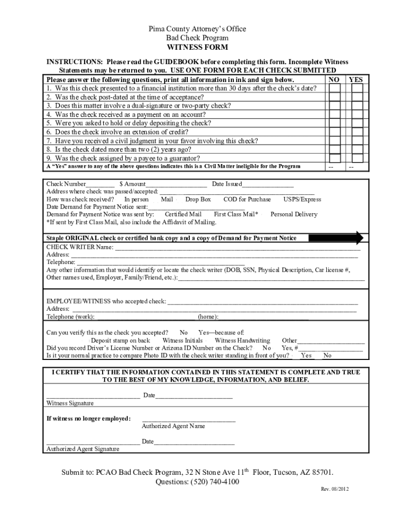 Fillable Online www.pcao.pima.gov12Bad-Check-Witness-FormThe Pima ...