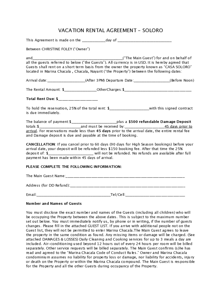 Fillable Online Free Download: Vacation Rental Agreement TemplateFree ...