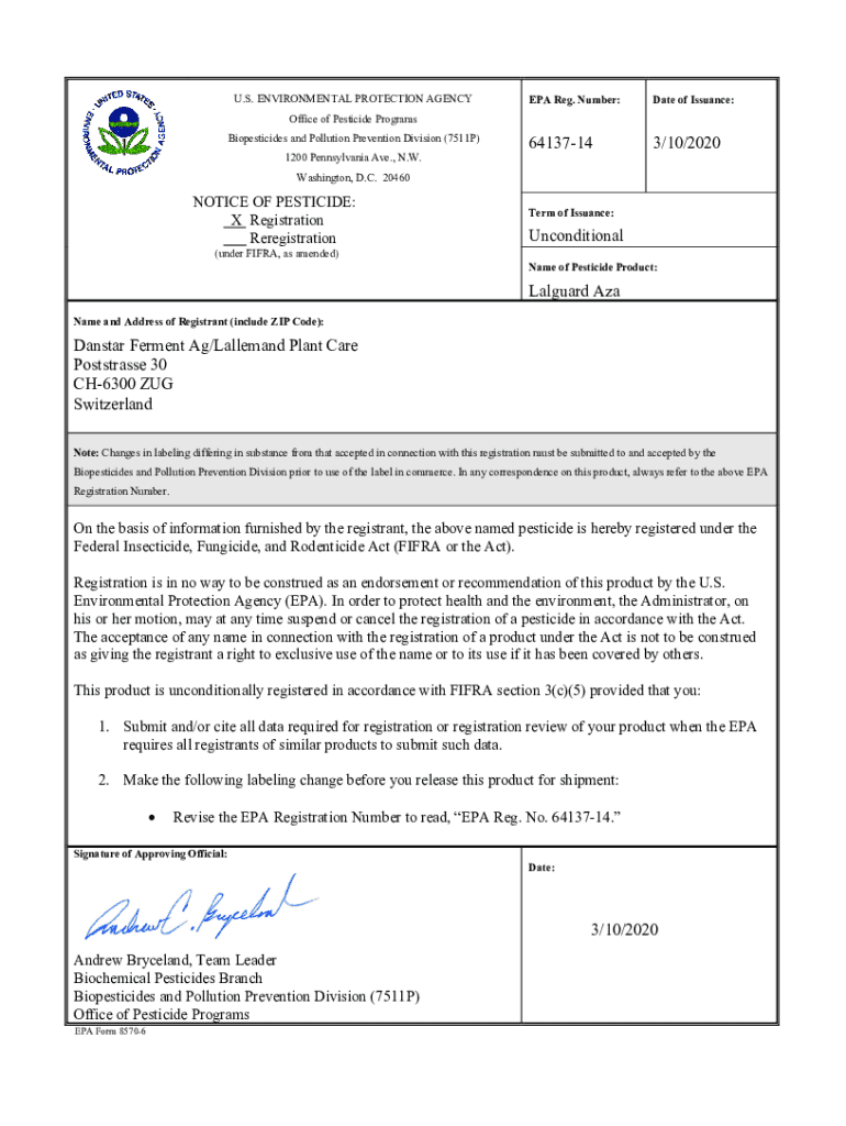 Fillable Online US EPA, Pesticide Product Label, LALGUARD AZA,03/10 ...