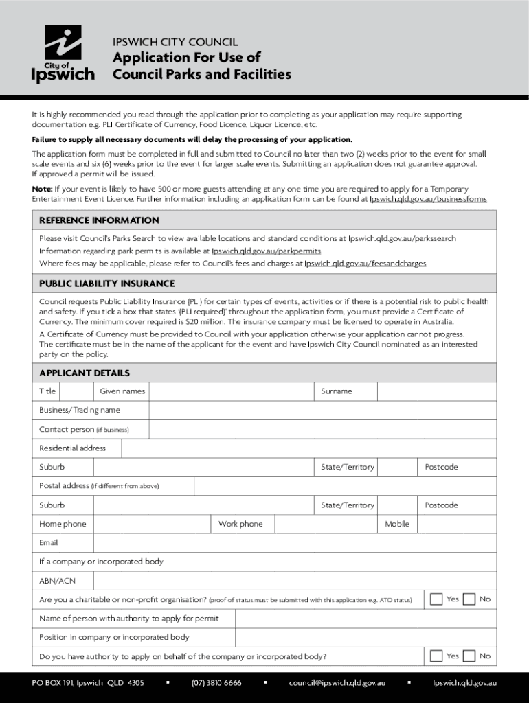 Fillable Online IPSWICH CITY COUNCIL Application For Use of Council ...