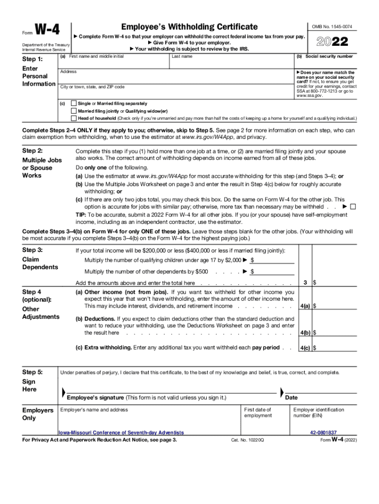Fillable Online 2022 Form W-4 - Iowa-Missouri Conference of Seventh-day ... Fax Email Print ...