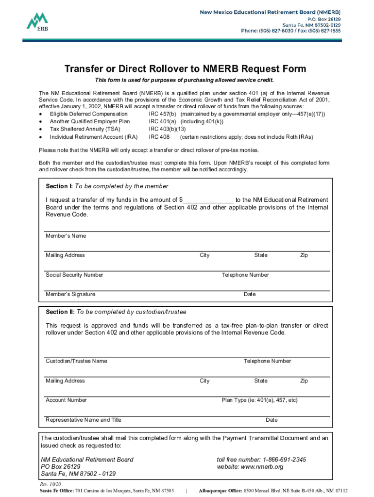 Fillable Online Transfer Or Direct Rollover To Nmerb Request Form Fax