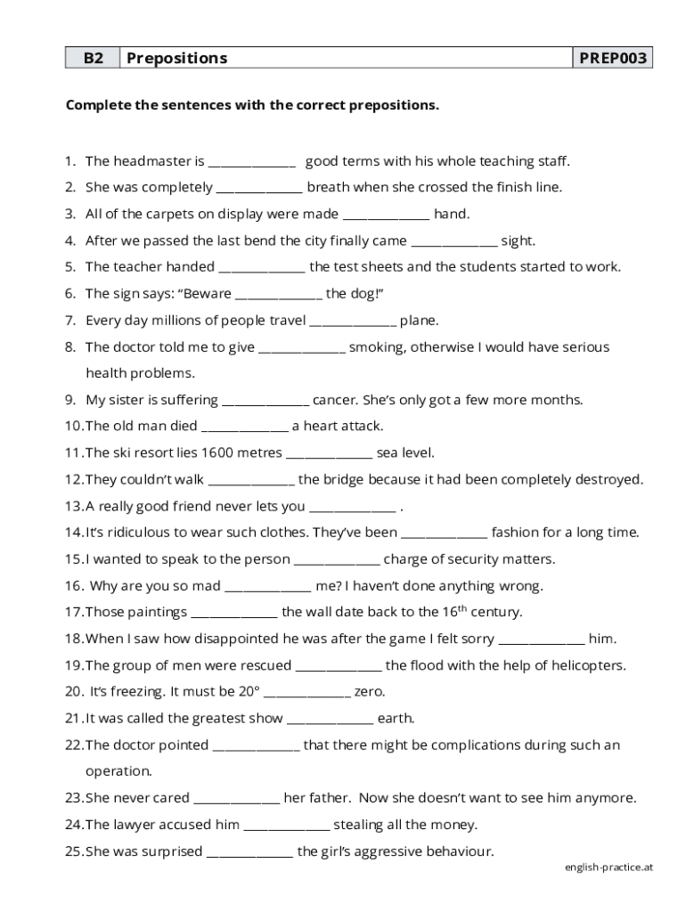 Prepositions B2 Exercises Pdf - Fill Online, Printable, Fillable, Blank | pdfFiller