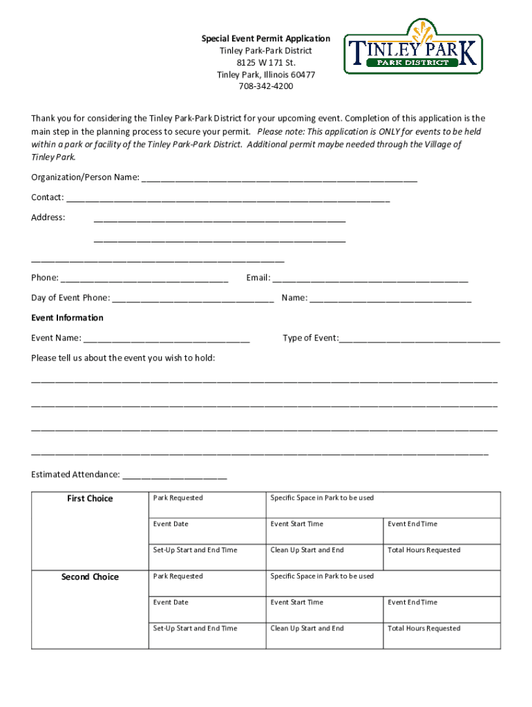 Fillable Online Special Event Permit Application Tinley Park-Park ...