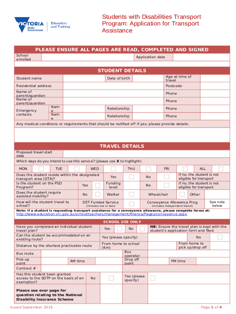 Students With Disabilities Transport Program Application for Transport Assistance Doc Template ...