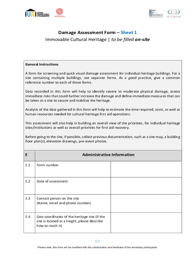Fillable Online Damage Assessment FormSheet 1 Immovable Cultural ...
