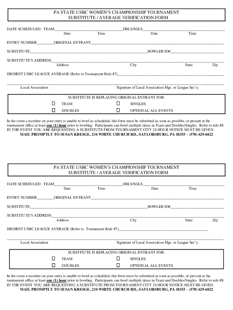 Fillable Online PSWBA CHAMPIONSHIP TOURNAMENT SUBSTITUTE / AVERAGE ...