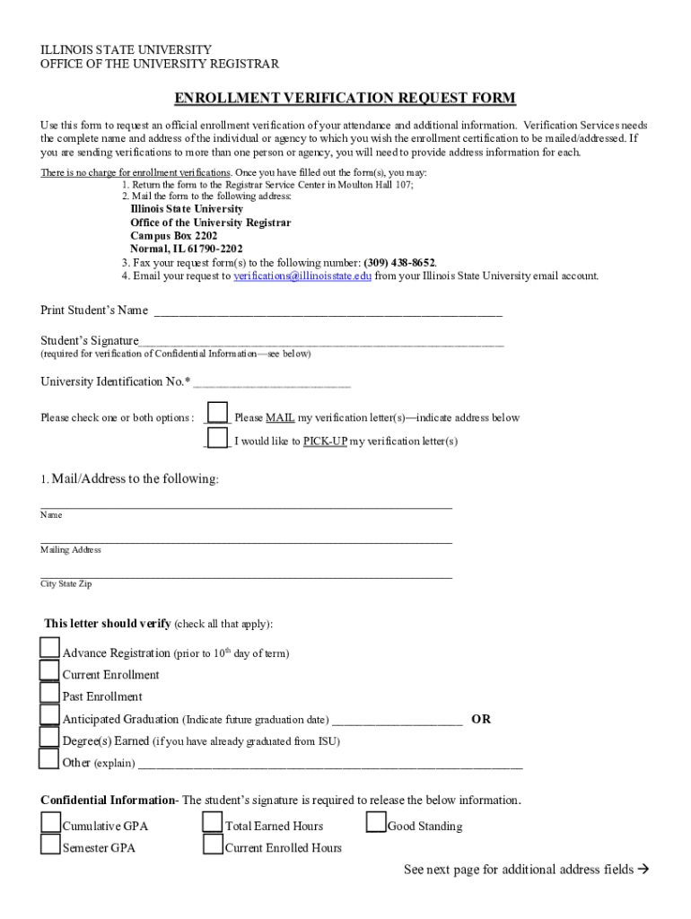 Fillable Online registrar illinoisstate registrar.illinoisstate.edudownloadsENROLLMENT ...