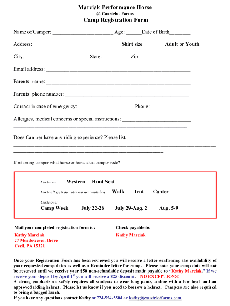 Fillable Online www.caustelotfarms.com docfiles SummerCamp19Marciak Performance Horse Camp ...