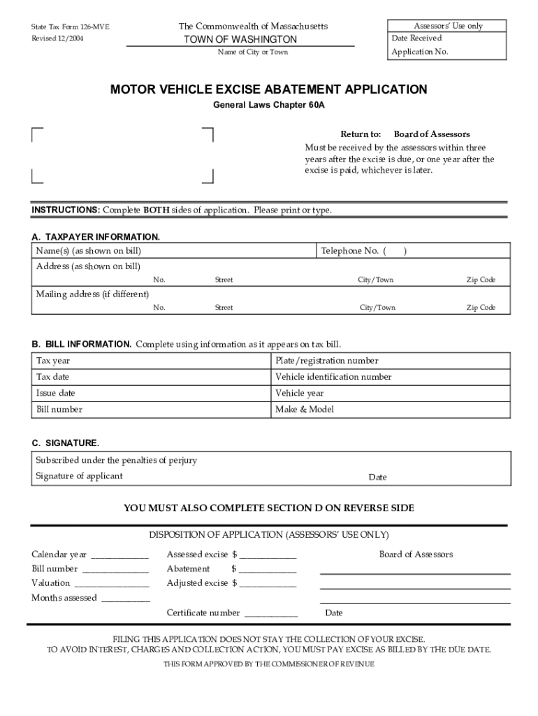Fillable Online State Tax Form 126-MVE The Commonwealth of ...