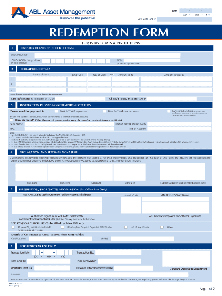 Fillable Online ABL Redemption Form Fax Email Print - pdfFiller
