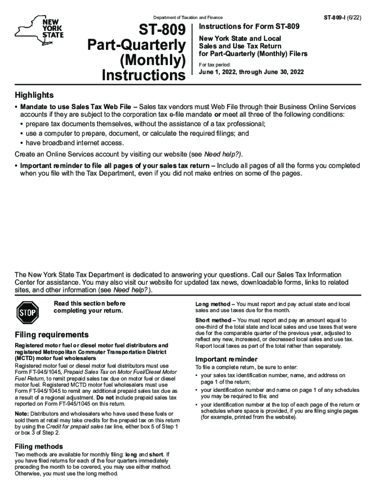 Fillable Online Instructions for Form ST-809 New York State and Local ...