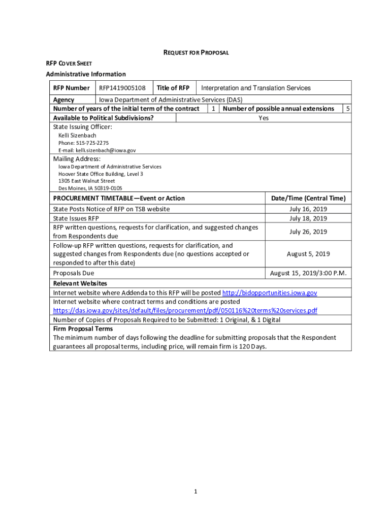 Fillable Online bidopportunities.iowa.govHomeDownloadBidREQUEST FOR PROPOSAL RFP COVER SHEET ...