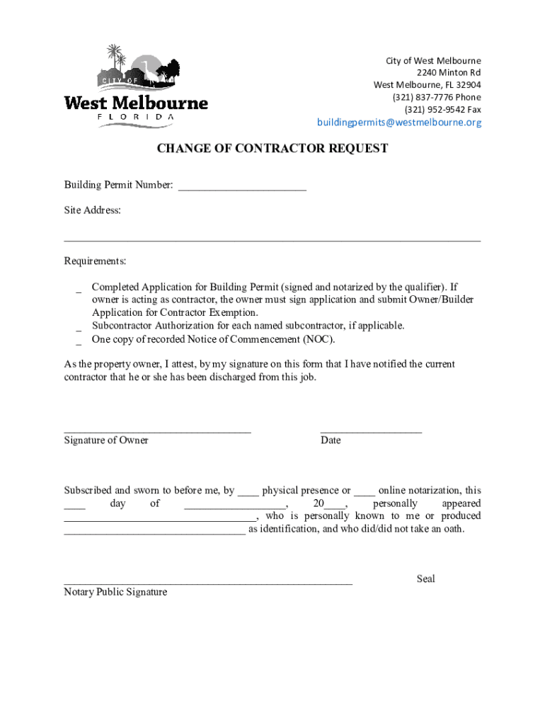 Fillable Online Change of Contractor Request - West Melbourne Fax Email ...