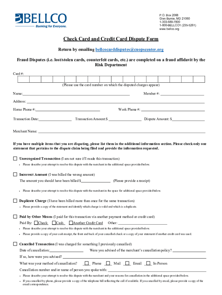 Fillable Online Fillable Online Check Card and Credit Card Dispute Form ...