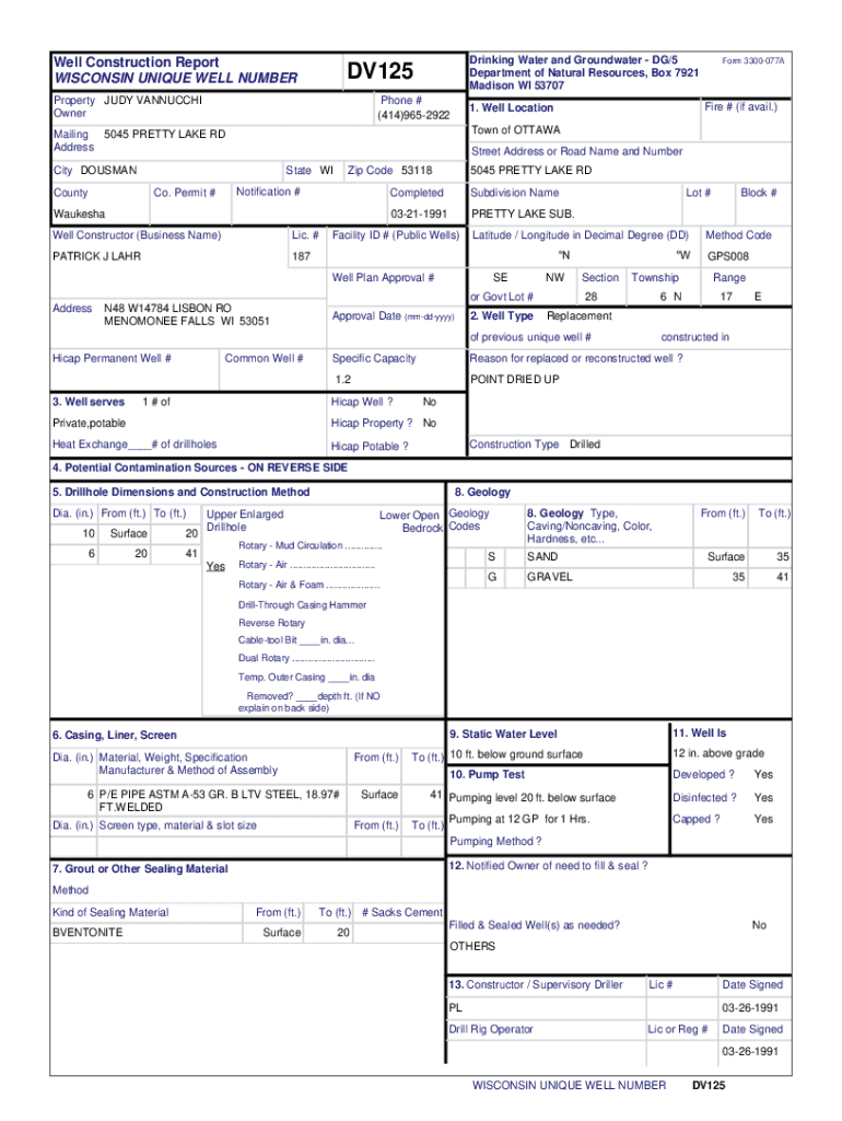 Fillable Online dnr wi Well Construction Information System - Wisconsin Department of Natural ...