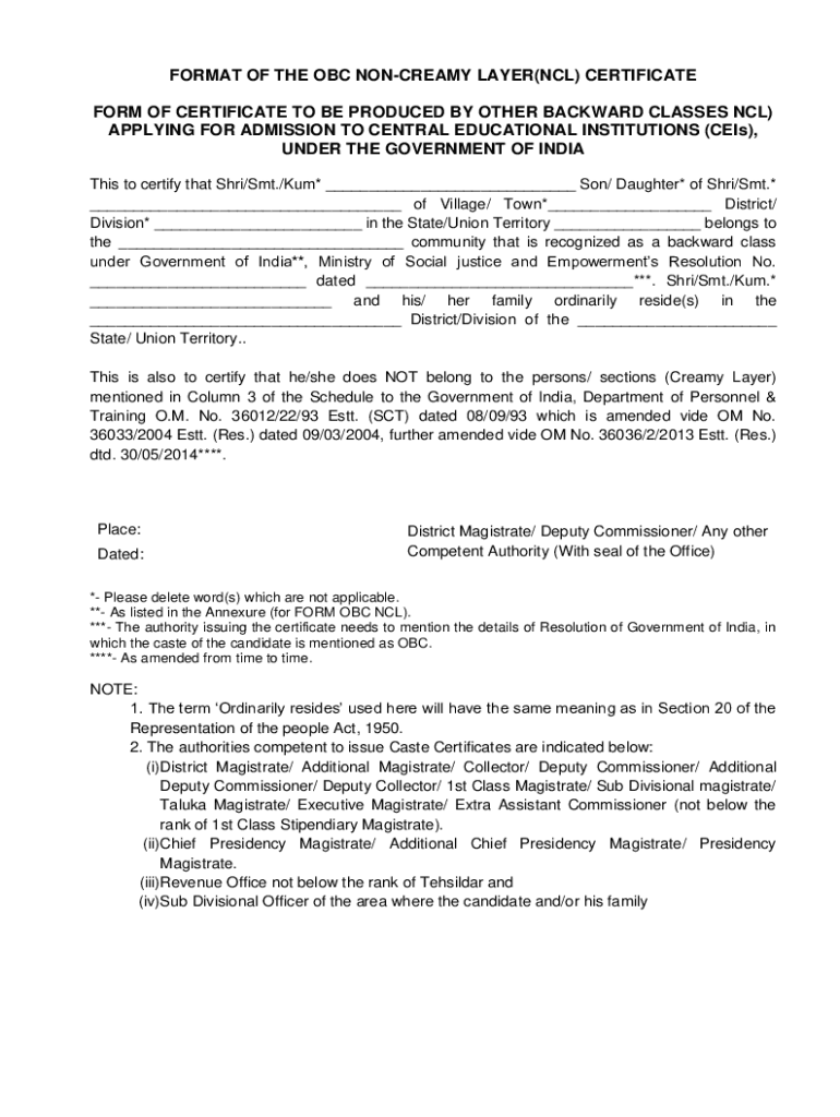 Fillable Online Format For OBC (Non-Creamy Layer) Certificate - US Legal Forms Fax Email Print ...