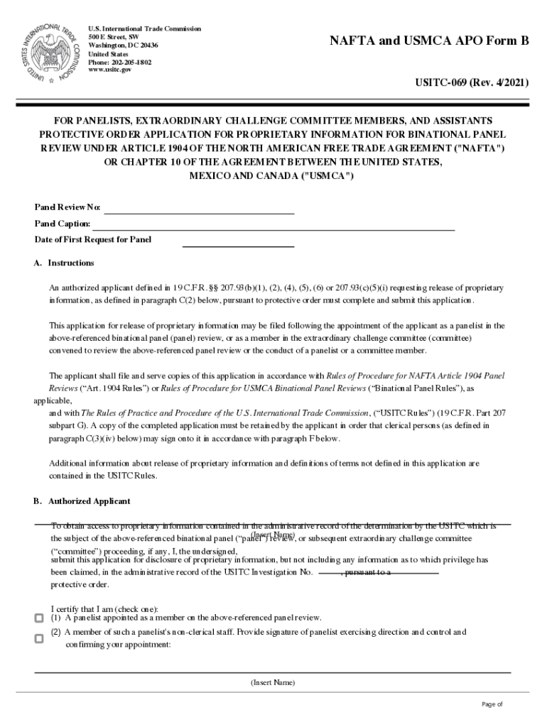 Fillable Online NAFTA and USMCA APO Form B (USITC-069). This is an internal, agencywide form for ...