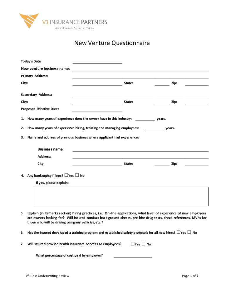 Fillable Online www.v3ins.com v3-insurance-partners-new-ventureV3 ...