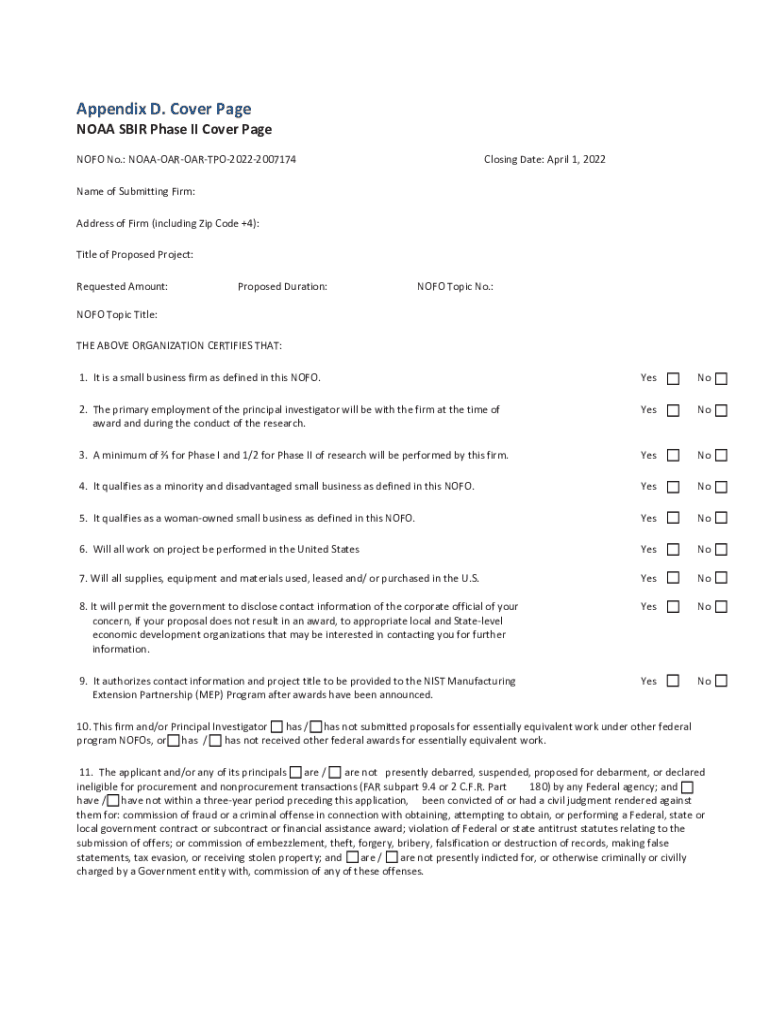 Fillable Online techpartnerships noaa Appendix D. Cover Page - NOAA ...