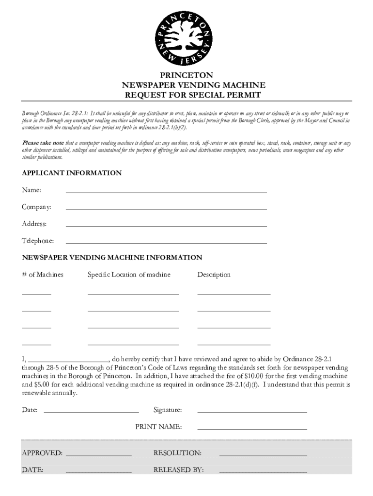 Fillable Online Newspaper Vending Machines Request PDFPrinceton, NJ Fax ...