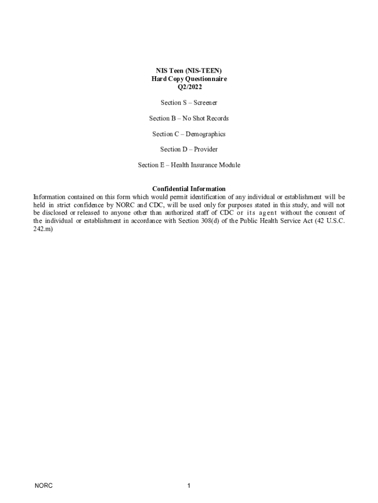 Fillable Online NIS-Teen (NIS-TEEN) Questionnaire Q22022 Hard Copy Questionnaire Q2/2022. Flu ...