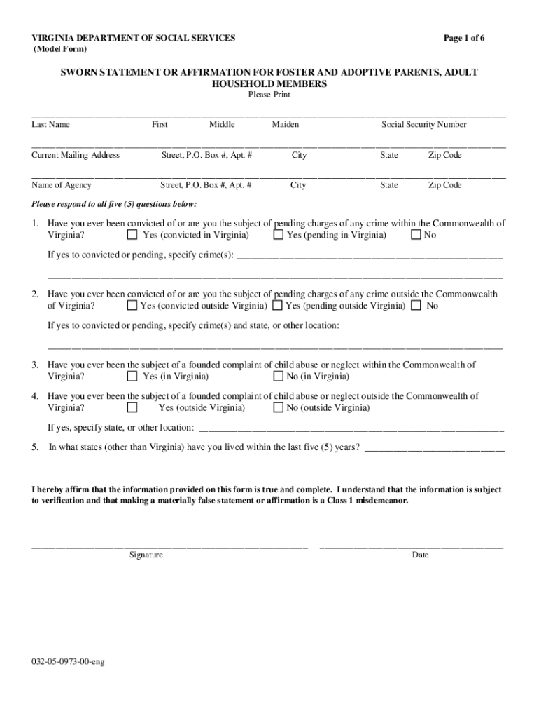 Fillable Online www.formalu.comforms91568Sworn Statement or Affirmation for Foster Homes ...