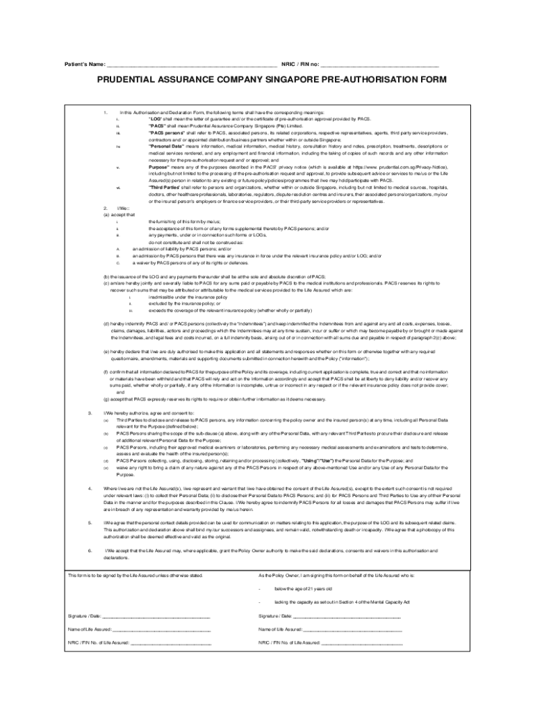 Fillable Online PRE-AUTHORISATION FORM TO BE COMPLETED BY ATTENDING ... - prudential.com.sg Fax ...