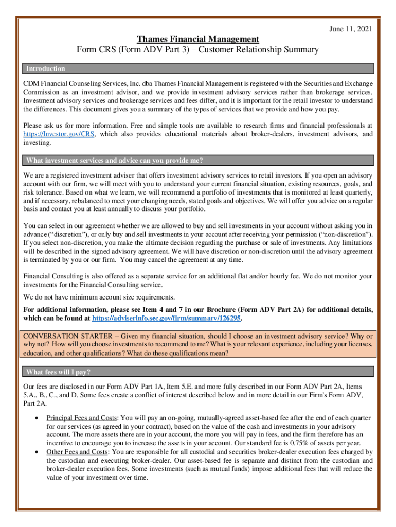 Fillable Online Thames Financial Management Form CRS (Form ADV Part 3 ...