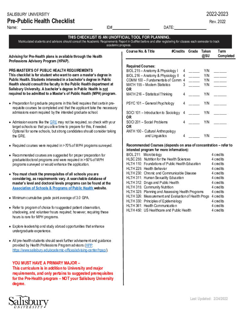 Fillable Online Pre-Public Health Checklist. Pre-Public Health ...