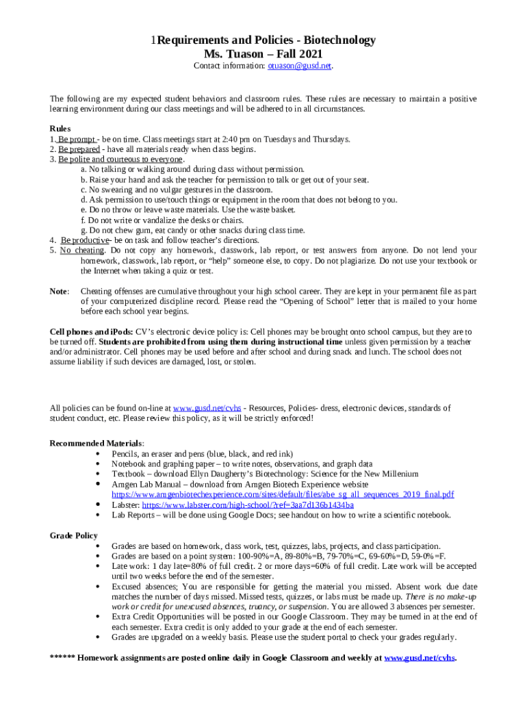 Requirements and Policies - Introduction to Biotechnology Doc Template ...