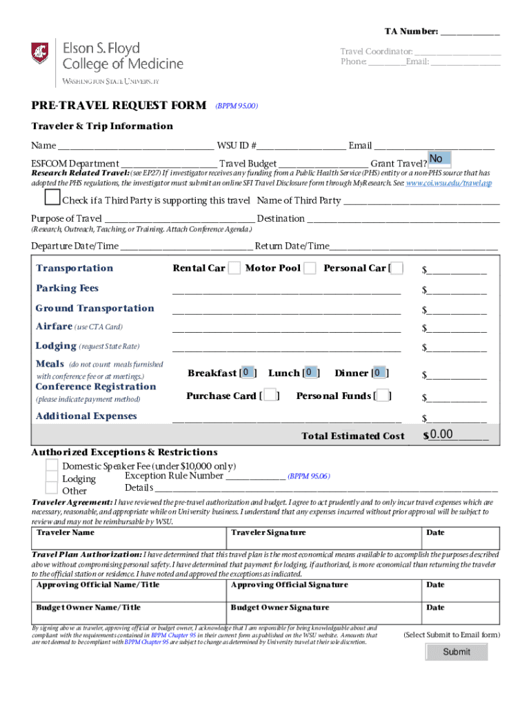 Fillable Online PRE-TRAVEL REQUEST FORM Fax Email Print - pdfFiller