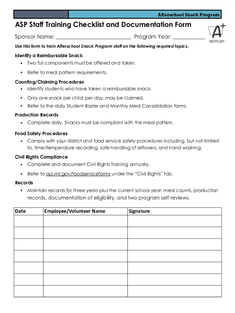 Fillable Online opi mt ASP Staff Training Checklist and Documentation ...