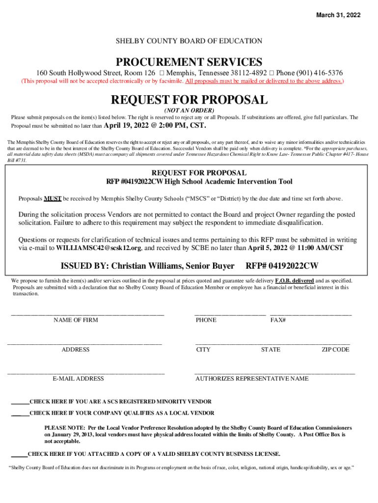 Fillable Online www.scsk12.orgprocurementuploadsPROCUREMENT SERVICES REQUEST FOR PROPOSAL Fax ...