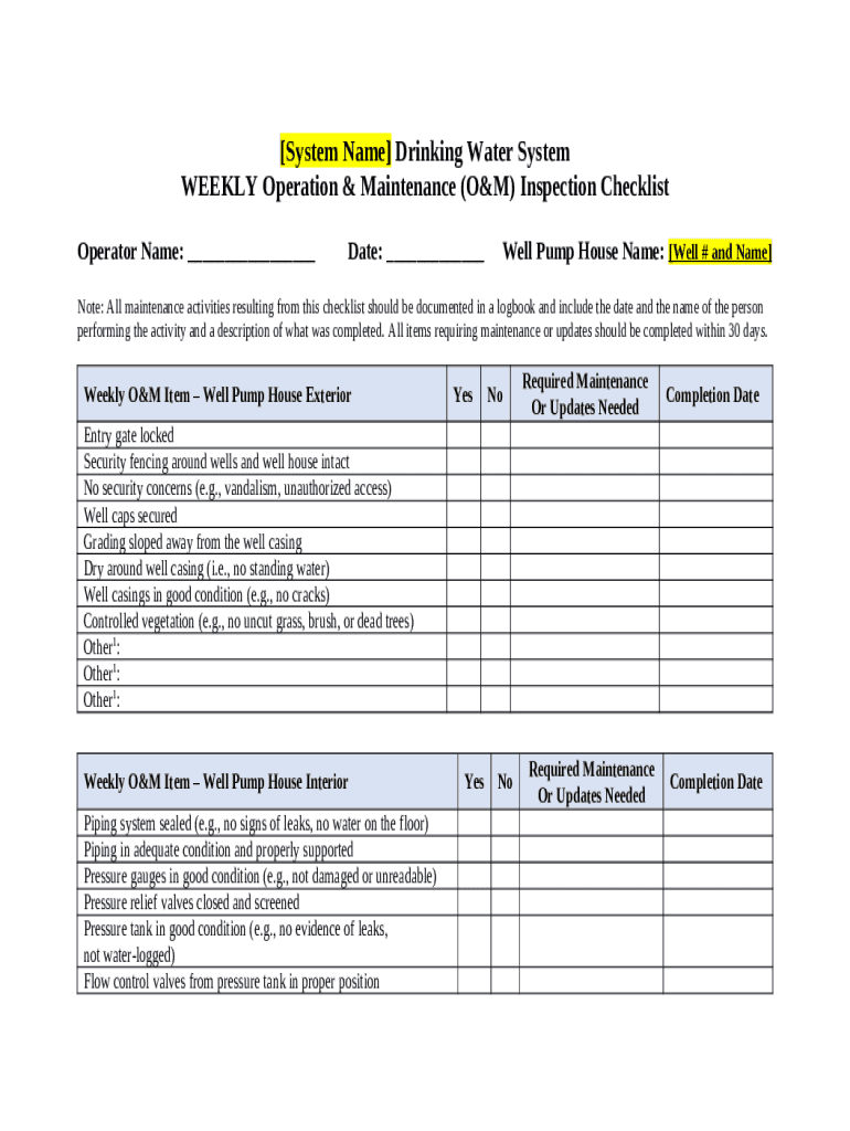 Drinking Water System Weekly Inspection Checklist. This is a checklist ...