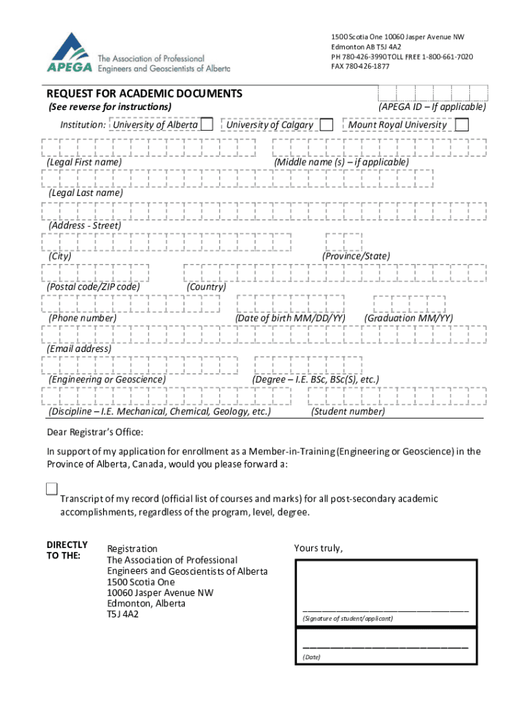 2018-2025 Form Canada APEGA Request for Academic Documents Fill Online ...