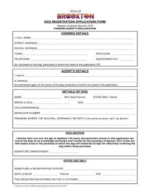 Fillable Online DOG REGISTRATION APPLICATION FORM - Shire of Brookton ...