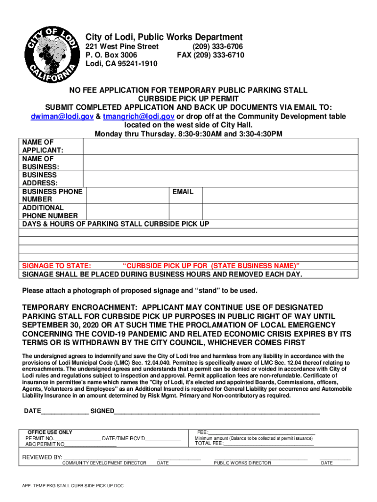 Fillable Online APP- TEMP PKG STALL CURB SIDE PICK UP.doc Fax Email ...