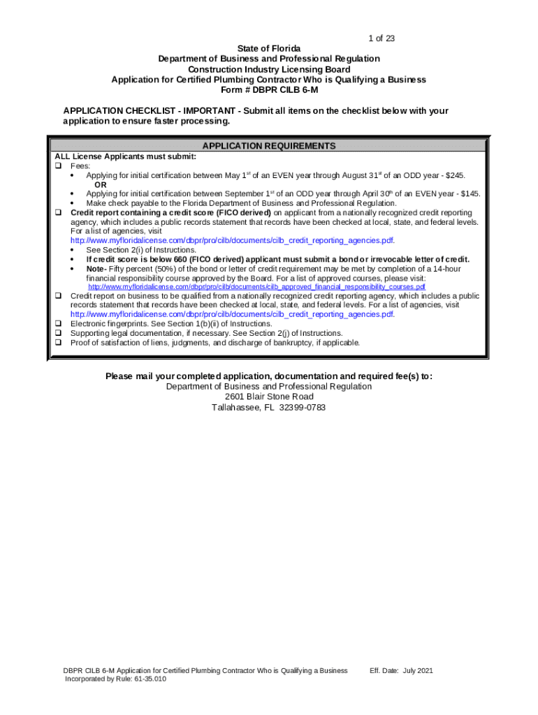 DBPR CILB 6-M - Certified Contractor Qualifying Business (Plumbing) Doc ...