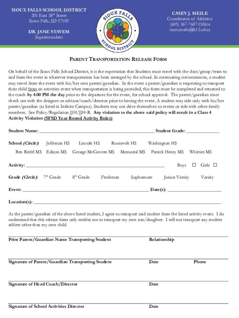 Fillable Online PARENT TRANSPORTATION RELEASE FORM - SIOUX FALLS JEFFERSON TRACK AND ... Fax ...