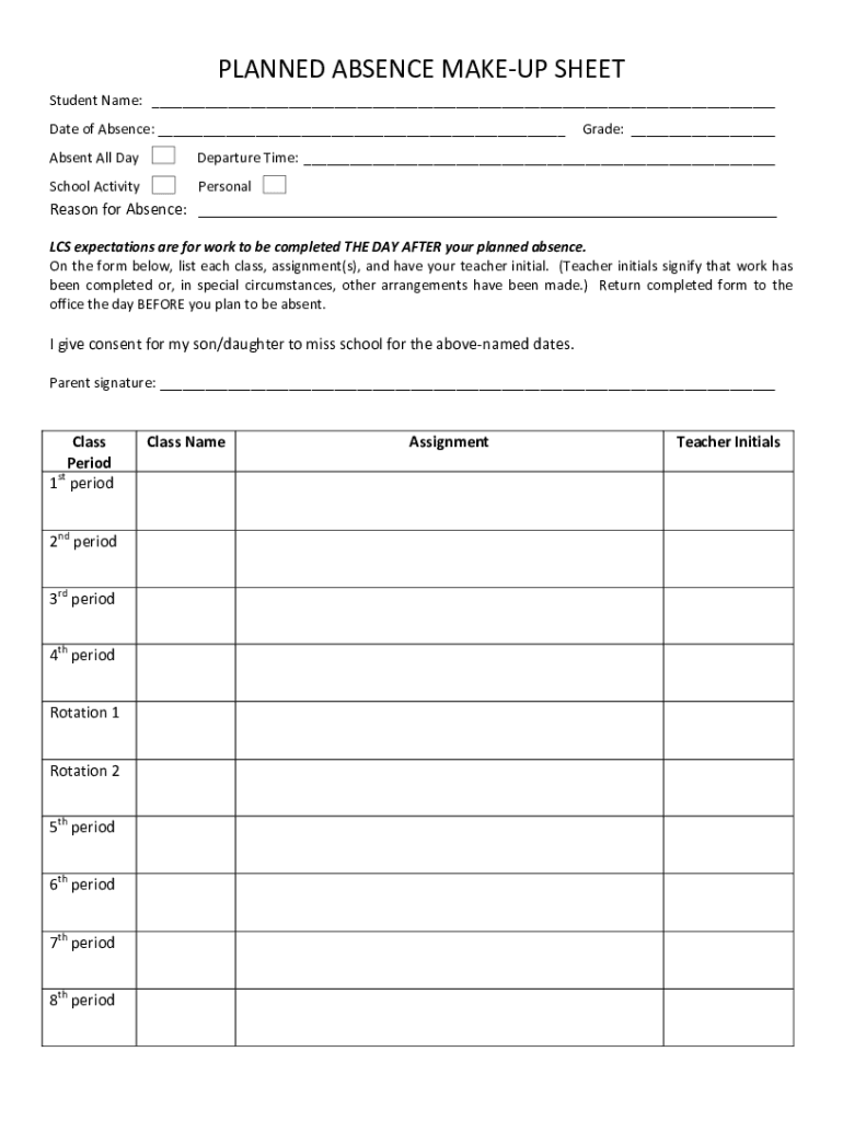 Fillable Online lincolnchristian.org11Planned-Absence-JHPLANNED ABSENCE ...